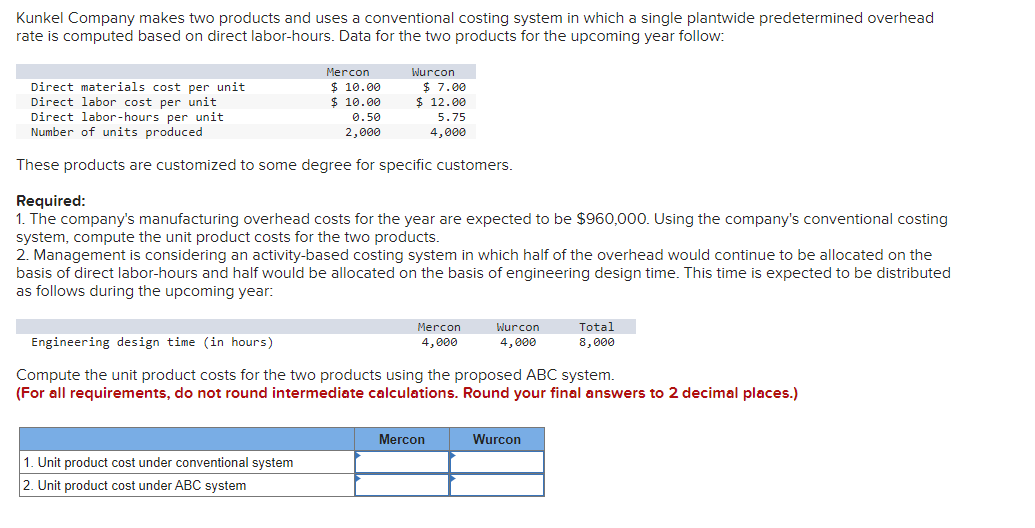 Solved Kunkel Company makes two products and uses a | Chegg.com