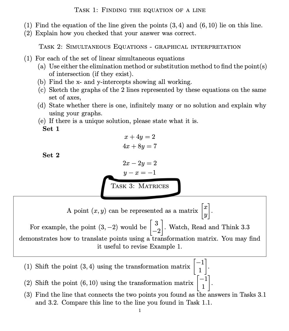 Solved TASK 1: FINDING THE EQUATION OF A LINE (1) Find the | Chegg.com