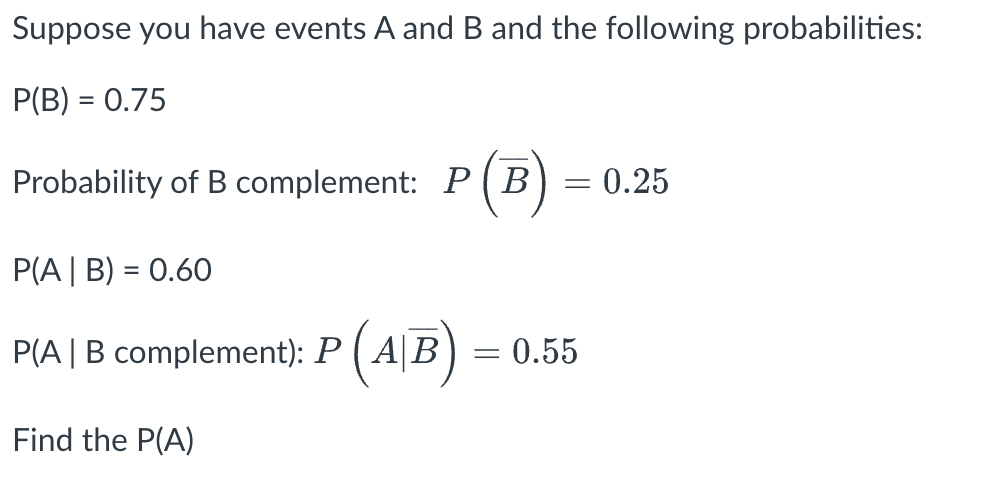 Solved Suppose you have events A and B and the following | Chegg.com