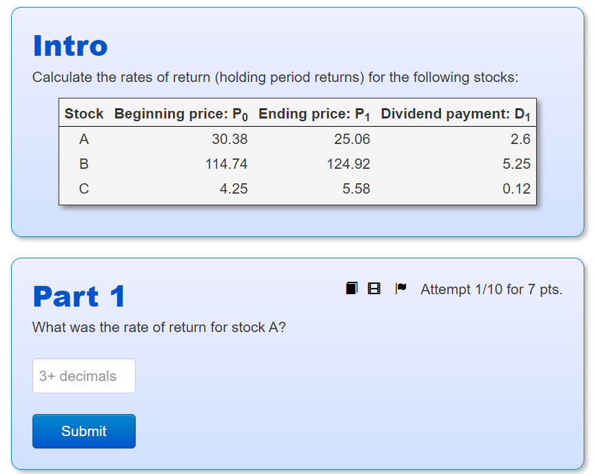 Solved Calculate the rates of return (holding period | Chegg.com