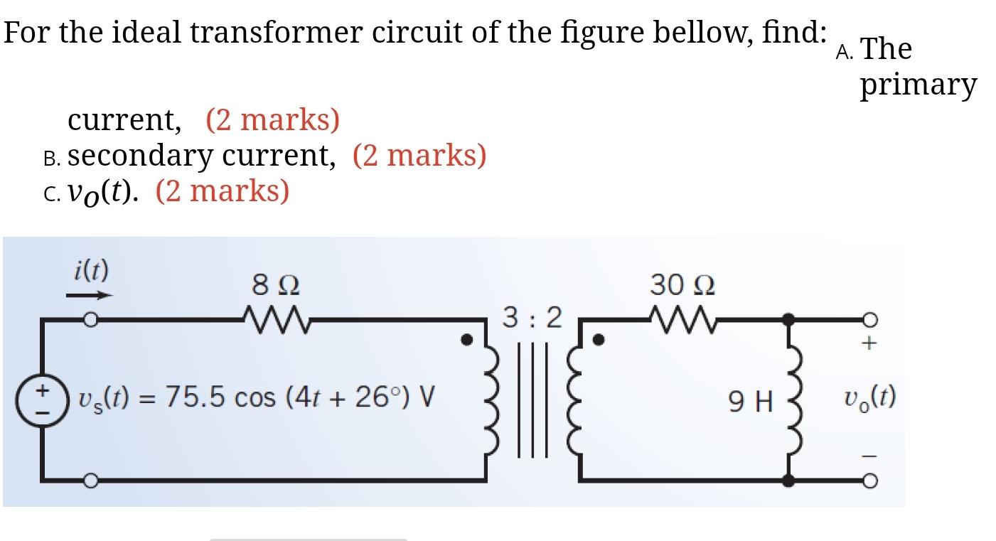 Solved For the ideal transformer circuit of the figure | Chegg.com
