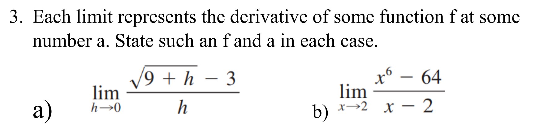 Solved 3. Each limit represents the derivative of some | Chegg.com