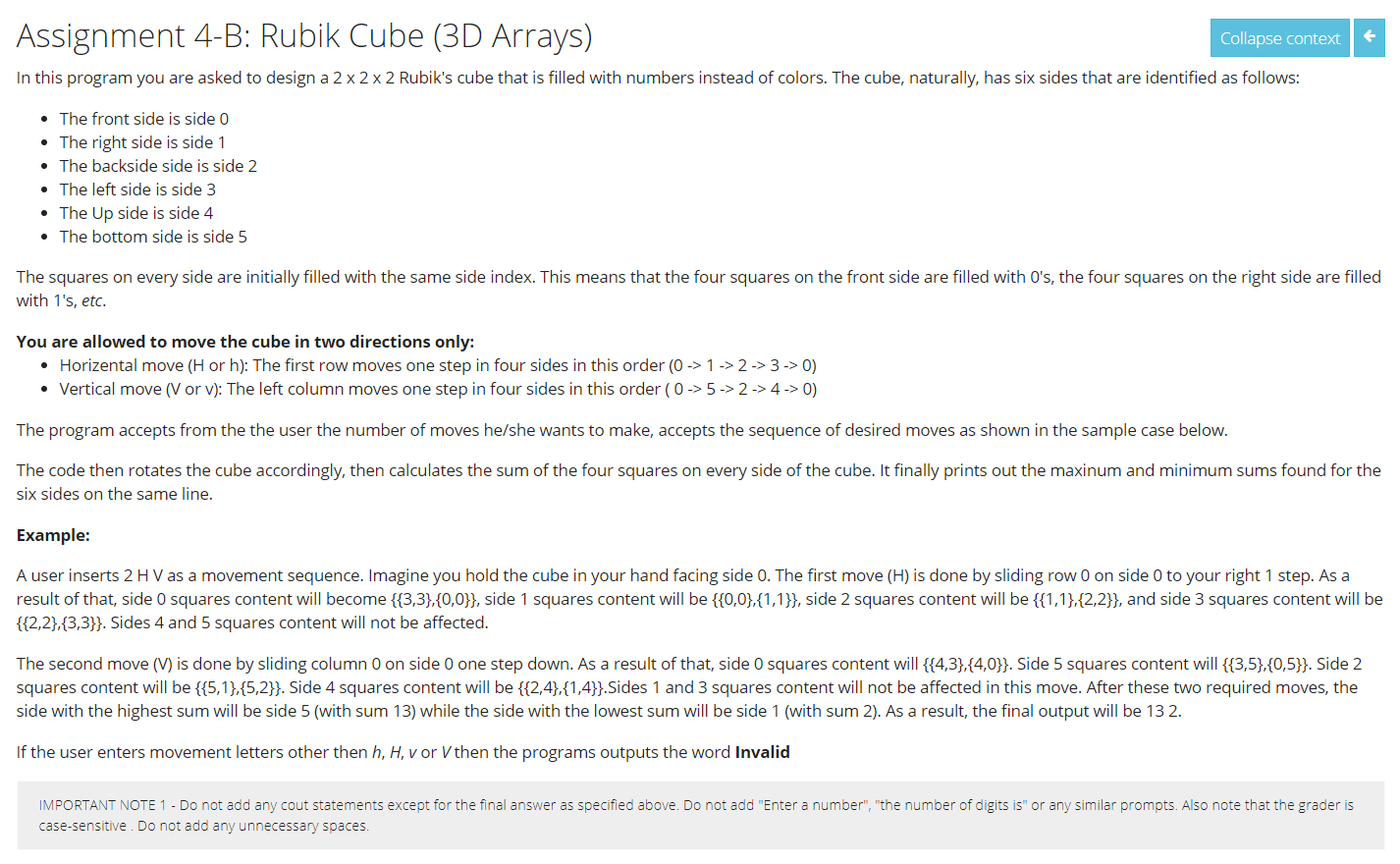Solved Assignment 4-B: Rubik Cube (3D Arrays) Collapse | Chegg.com