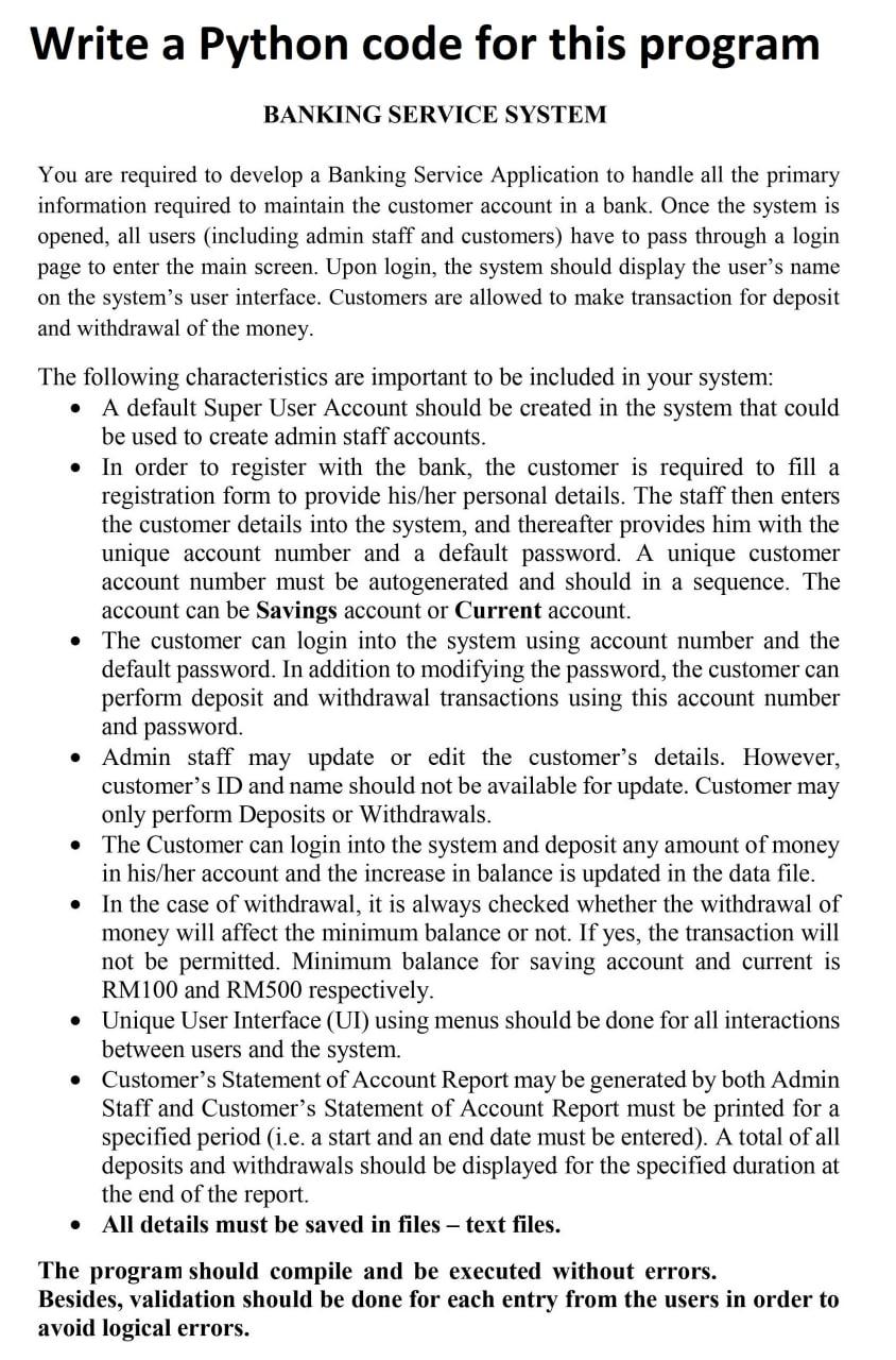 Solved Write a Python code for this program BANKING SERVICE | Chegg.com