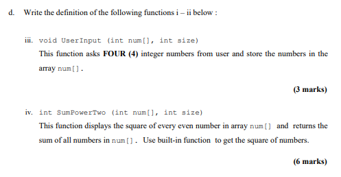 Solved d. Write the definition of the following functions i | Chegg.com