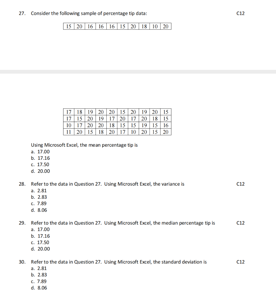 Solved 27. Consider the following sample of percentage tip | Chegg.com