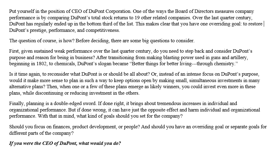 Solved Put yourself in the position of CEO of DuPont | Chegg.com