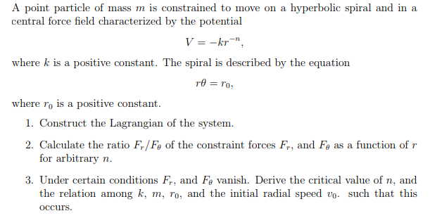 Solved A point particle of mass m is constrained to move on | Chegg.com