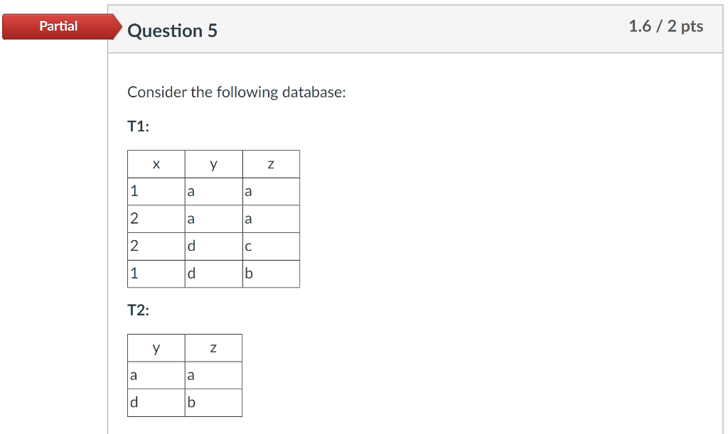 Solved Consider the following database: T1: T2:For each | Chegg.com