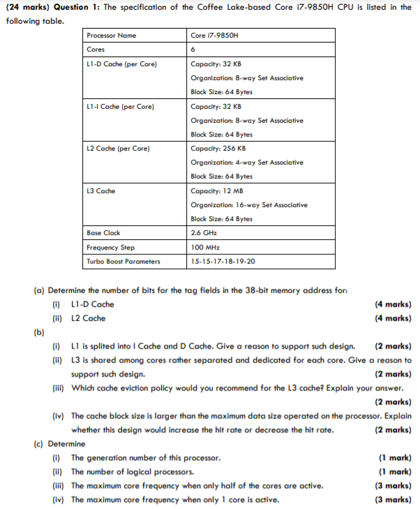 Solved : The specification of the Coffee Lake-based Core | Chegg.com