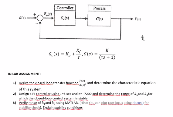 Solved Gc(s)=Kp+sKf,G(s)=(τs+1)K IN LAB ASSIGNMENT: 1) | Chegg.com