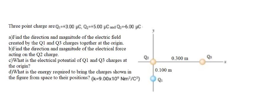 Solved Three point charge are Qy=+3.00 UC, Q2=+5.00 PC and | Chegg.com