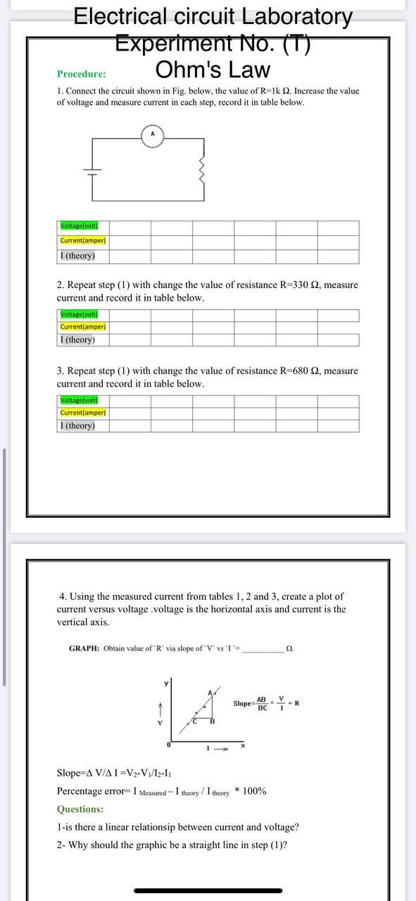 Solved Electrical circuit Laboratory Experiment No. (T) | Chegg.com