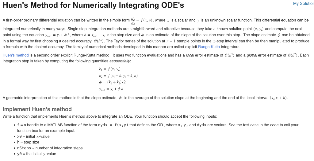 Solved Huen's Method for Numerically Integrating ODE's My | Chegg.com