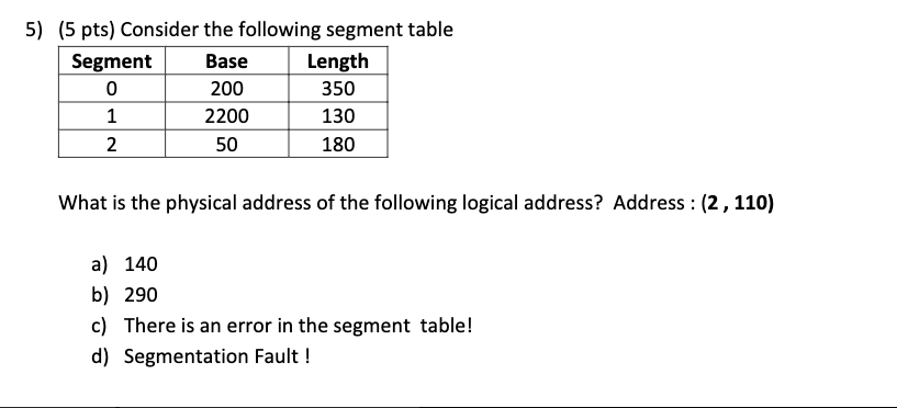 Solved 5) (5 pts) Consider the following segment table What | Chegg.com