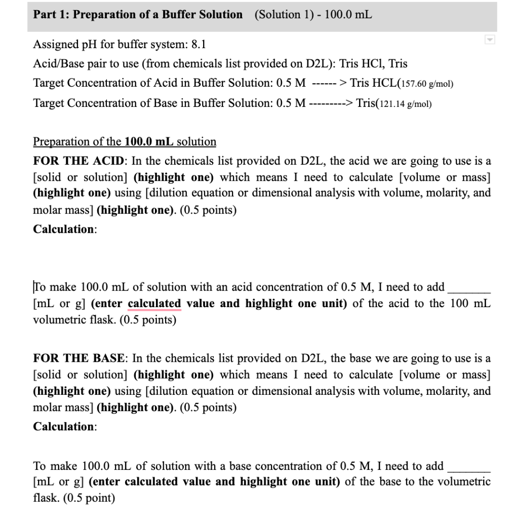Solved Part 1: Preparation of a Buffer Solution (Solution 1) | Chegg.com