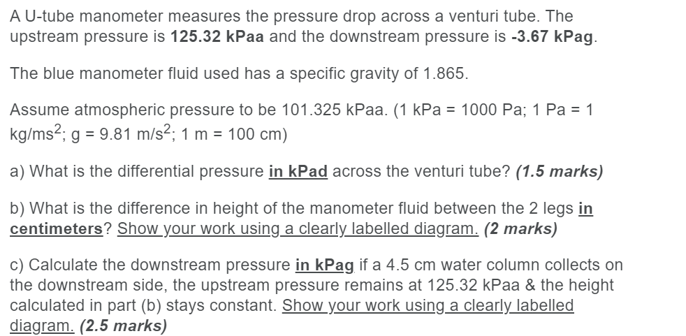 Solved A U-tube manometer measures the pressure drop across | Chegg.com