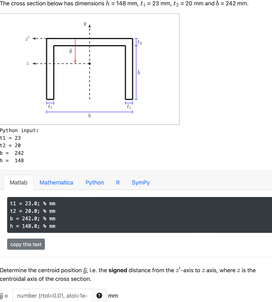 Solved The cross section below has dimensions h=148 mm,t1=23 | Chegg.com