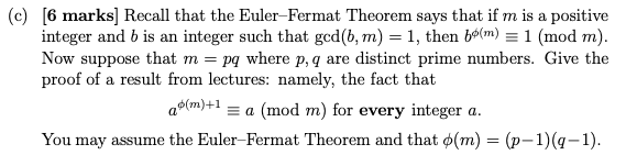 Solved (c) [6 marks) Recall that the Euler-Fermat Theorem | Chegg.com