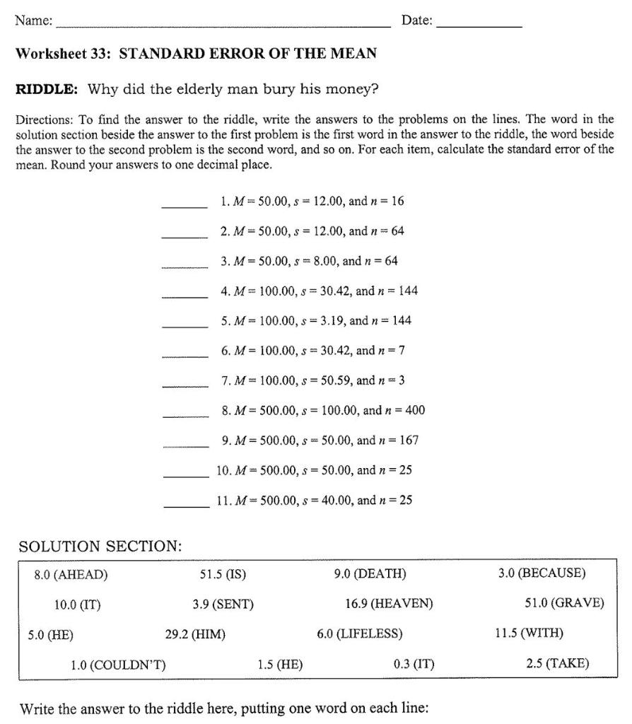 Solved Name: Date: Worksheet 33: STANDARD ERROR OF THE MEAN | Chegg.com