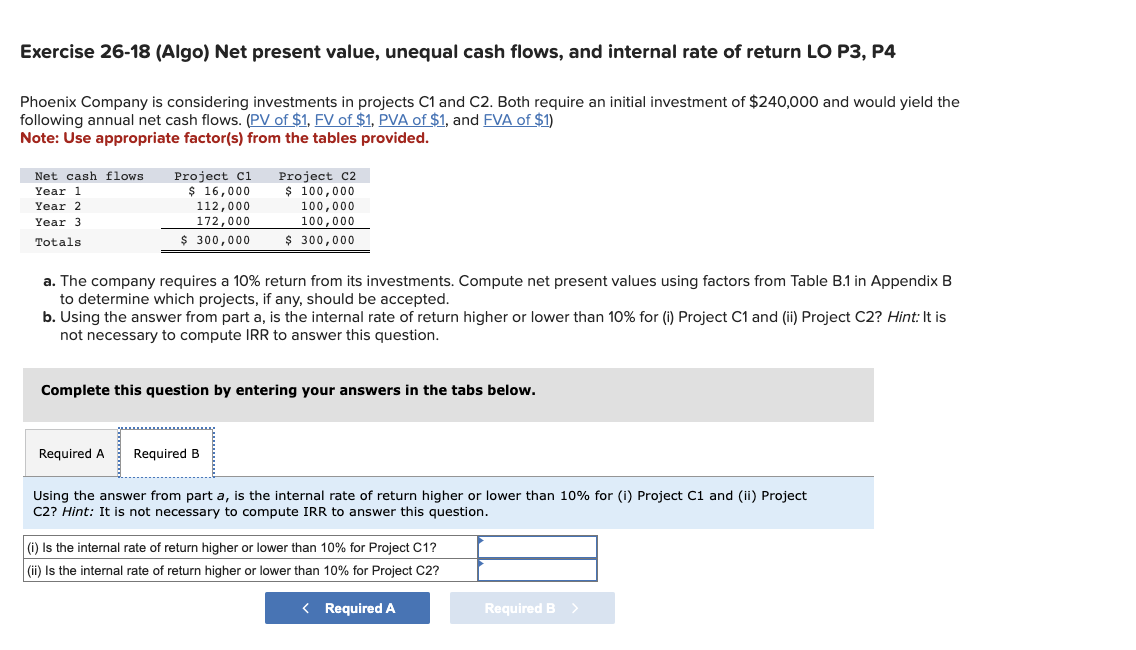 Solved Exercise 26-10 (Algo) Net present value, unequal cash | Chegg.com