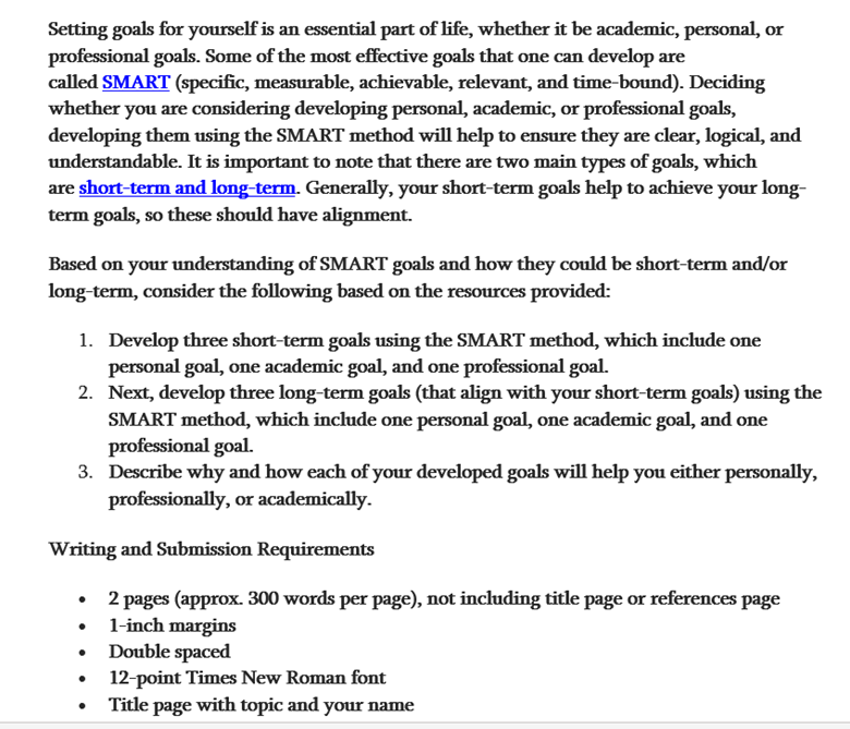 Solved Setting goals for yourself is an essential part of | Chegg.com