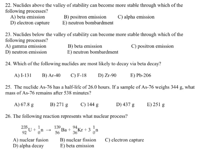 Solved 22. Nuclides above the valley of stability can become | Chegg.com