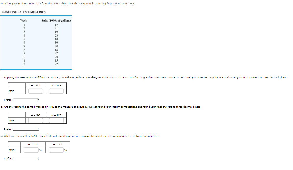 Solved With the gasoline time series data from the given | Chegg.com
