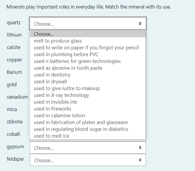 Solved Minerals play important roles in everyday life. Match | Chegg.com