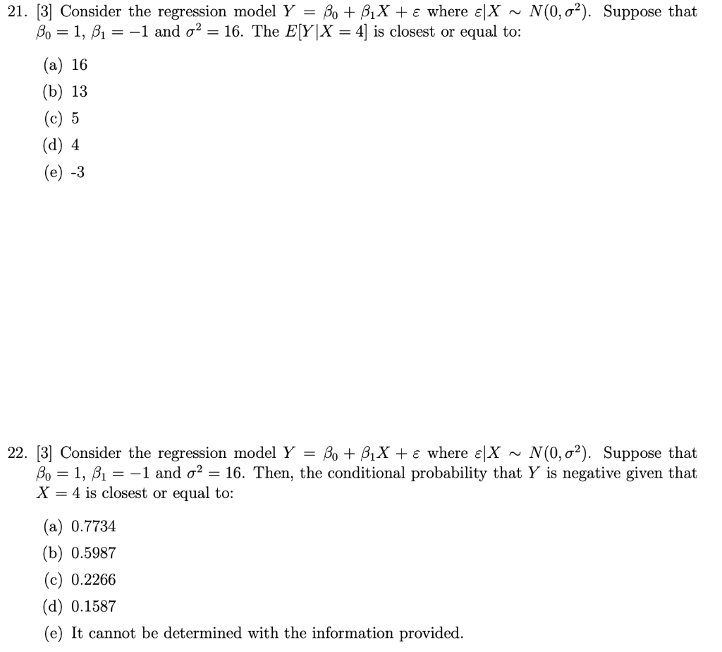Solved 21. [3] Consider the regression model Y = Bo + B1X + | Chegg.com