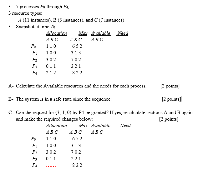 Solved - 5 processes P0 through P4; 3 resource types: A (11 | Chegg.com