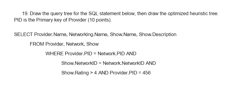 Solved 19. Draw the query tree for the SQL statement below, | Chegg.com