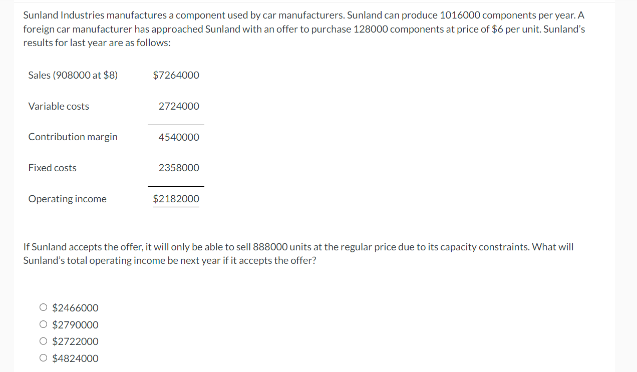 Solved Sunland Industries manufactures a component used by | Chegg.com Solved Sunland Industries manufactures a component used by | Chegg.com