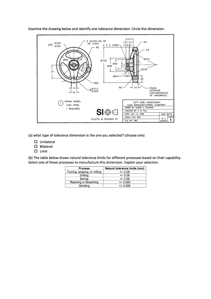 Solved Examine the drawing below and identify one tolerance | Chegg.com