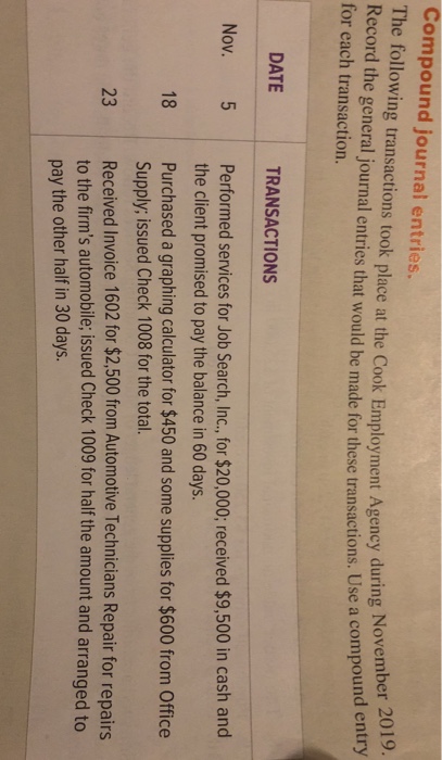 Solved Compound journal entries. The following transactions | Chegg.com