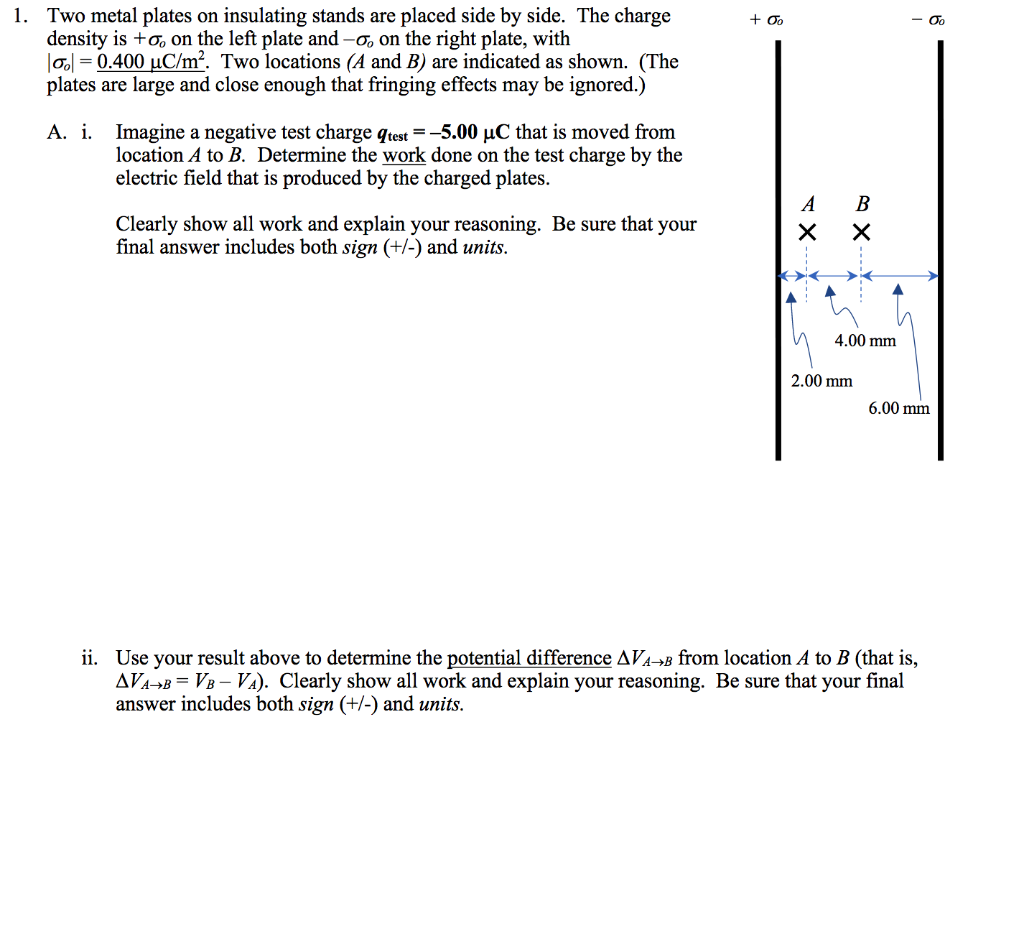 Solved + 0 co 1. Two metal plates on insulating stands are | Chegg.com