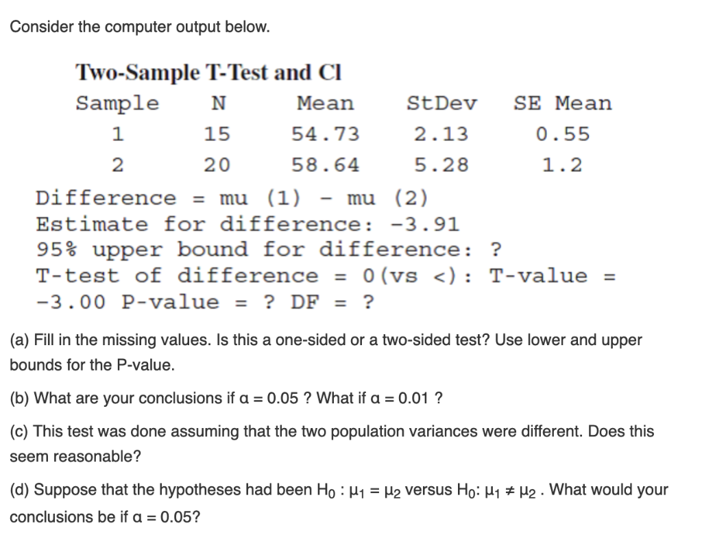 Solved Consider the computer output below. Two-Sample T-Test | Chegg.com
