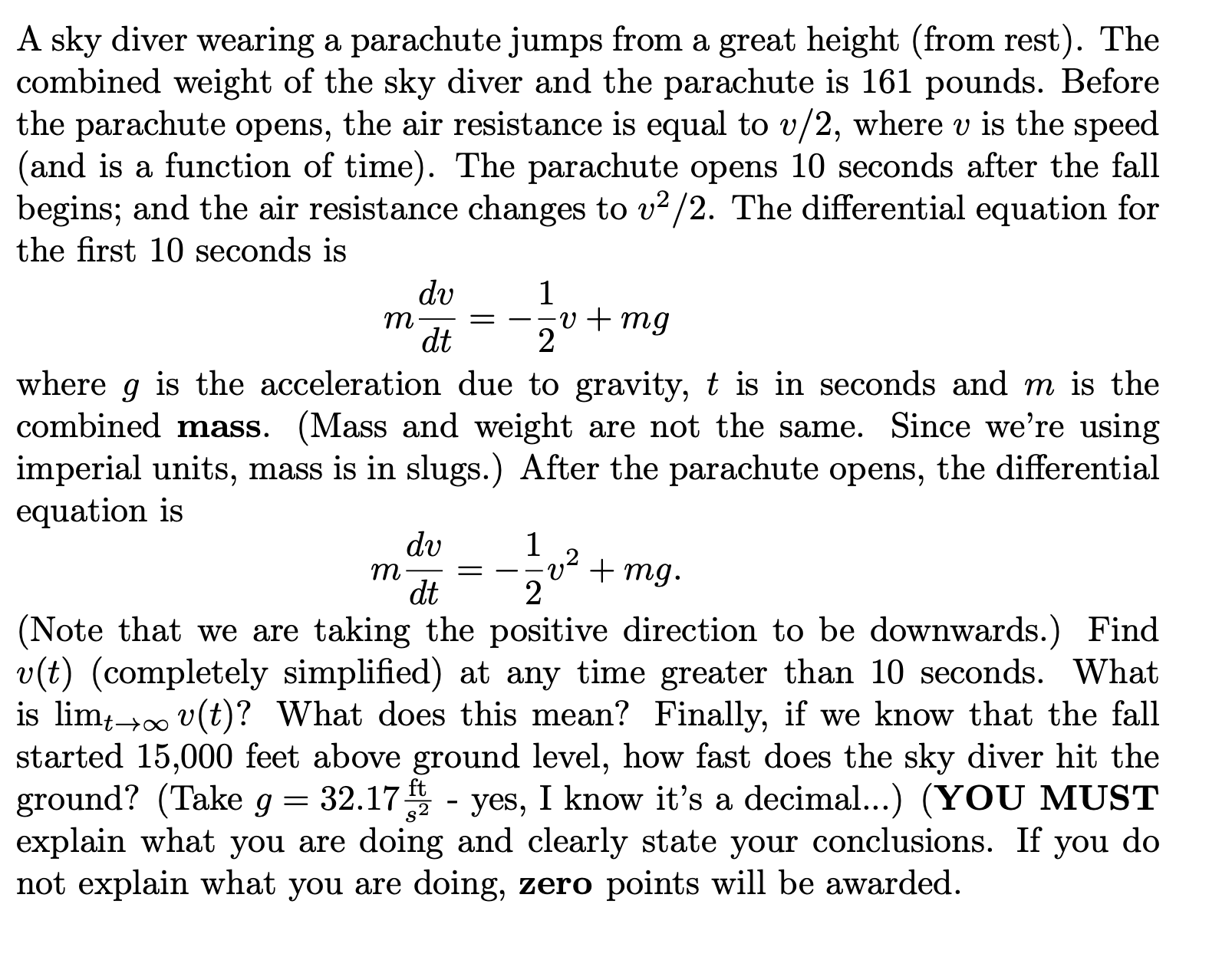 Solved A sky diver wearing a parachute jumps from a great | Chegg.com