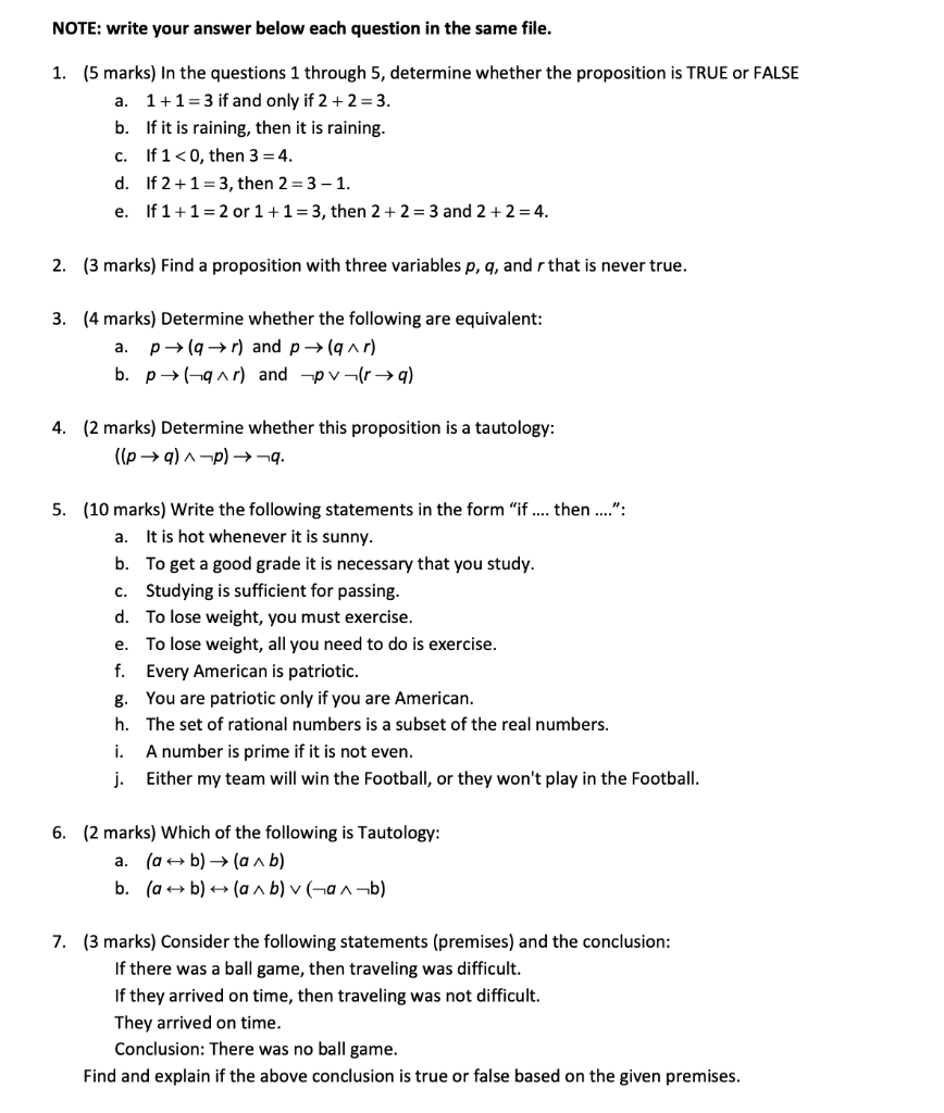 Solved Note Write Your Answer Below Each Question In The
