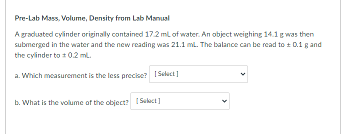 Solved Pre-Lab Mass, Volume, Density from Lab Manual A | Chegg.com