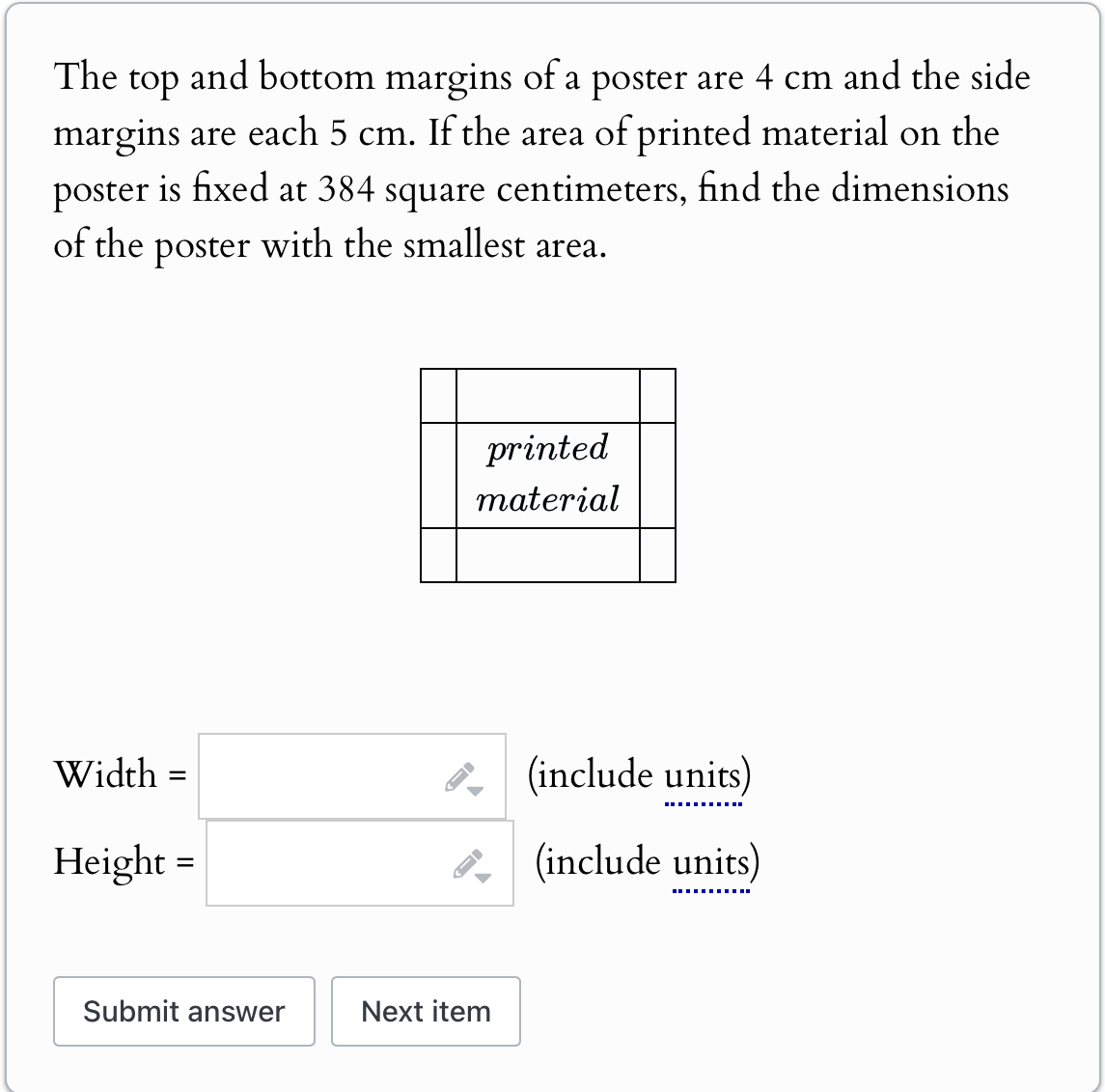 Solved The top and bottom margins of a poster are 4cm ﻿and | Chegg.com