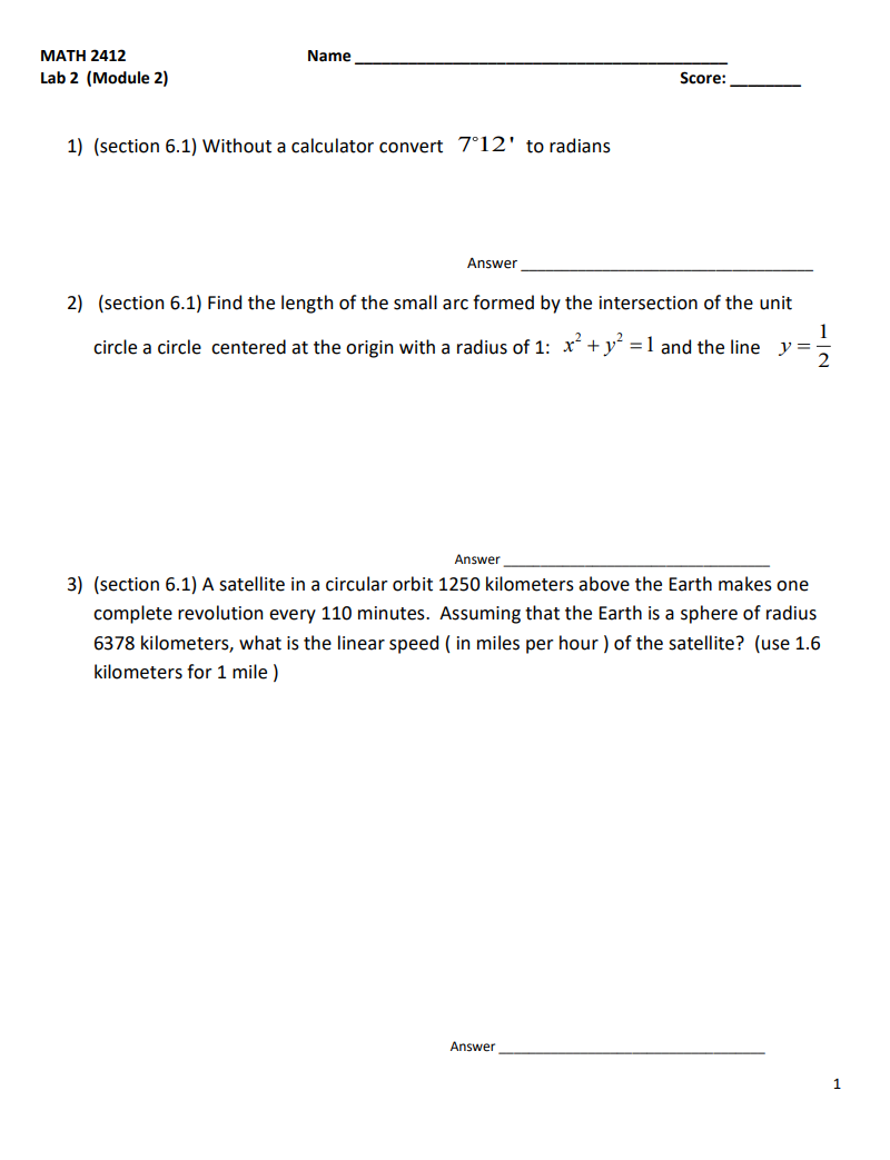 Solved Name MATH 2412 Lab 2 (Module 2) Score: 1) (section | Chegg.com