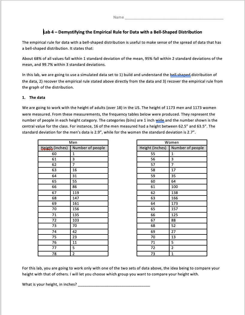 Solved Name Lab 4 - Demystifying the Empirical Rule for Data | Chegg.com