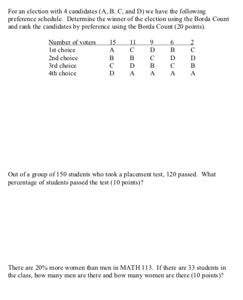 Solved For an election with 4 candidates (A, B, C, and D) we | Chegg.com
