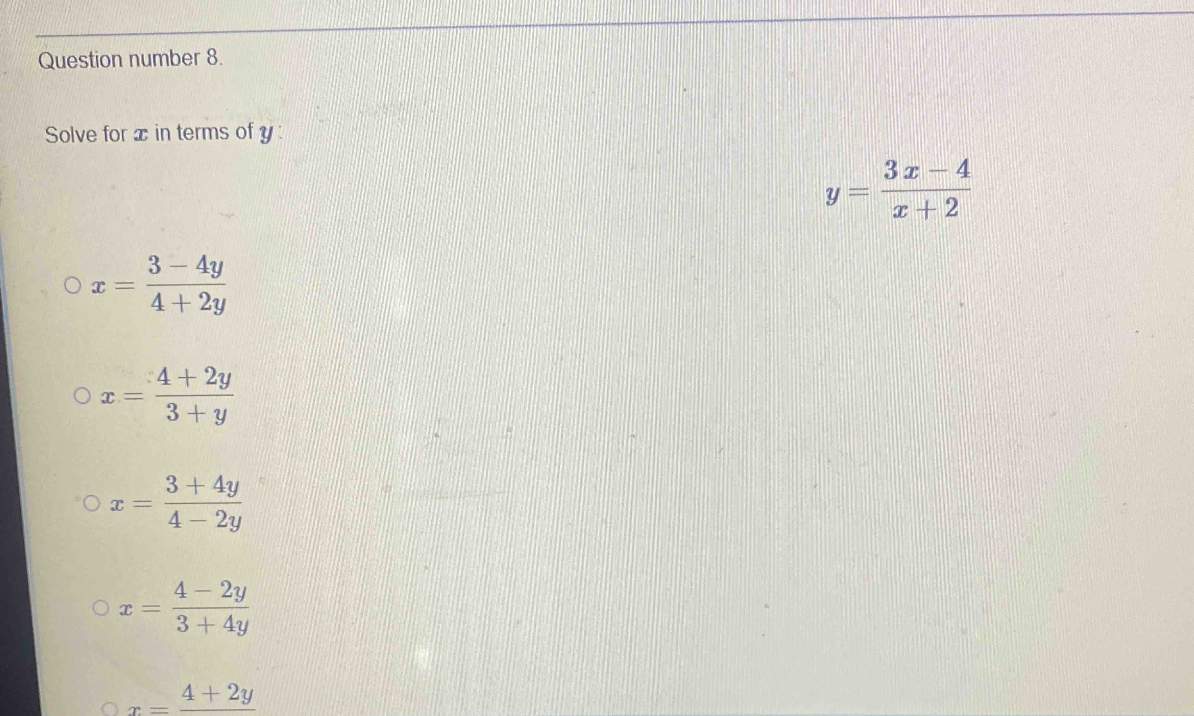 Solved Question number 8.Solve for x ﻿in terms of y | Chegg.com