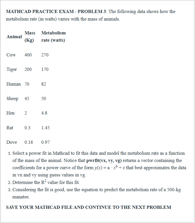 Solved MATHCAD PRACTICE EXAM - PROBLEM 3: The following data | Chegg.com