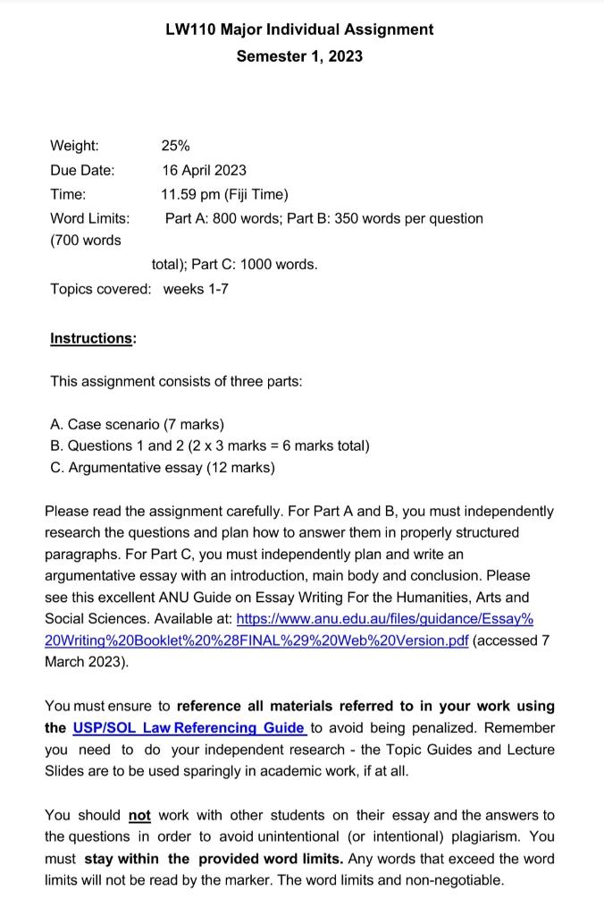 LW110 Major Individual Assignment Semester 1, 2023 | Chegg.com