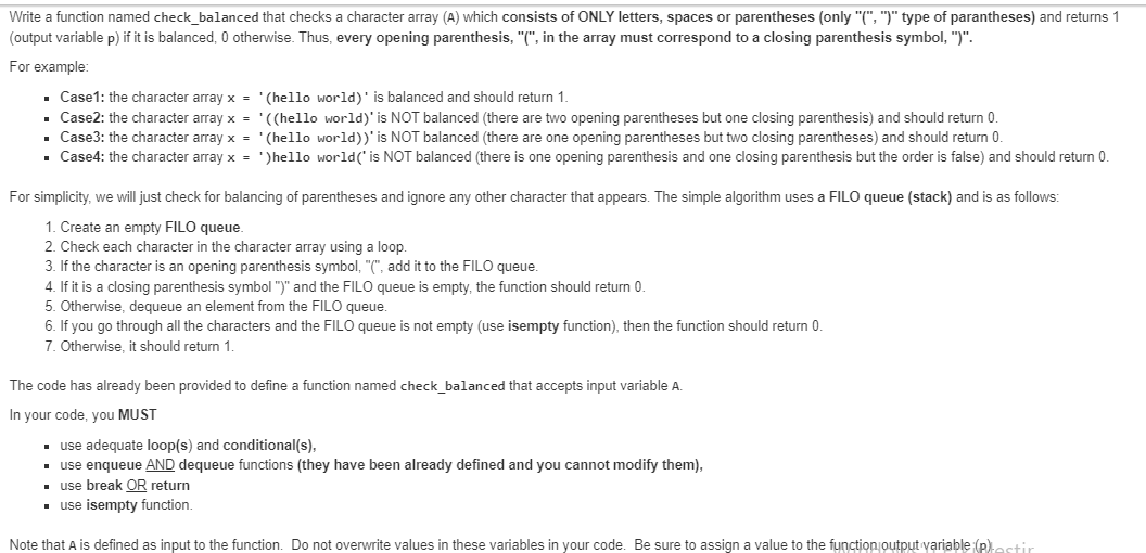 Solved Function P Checkbalanceda Enqueue Function You 