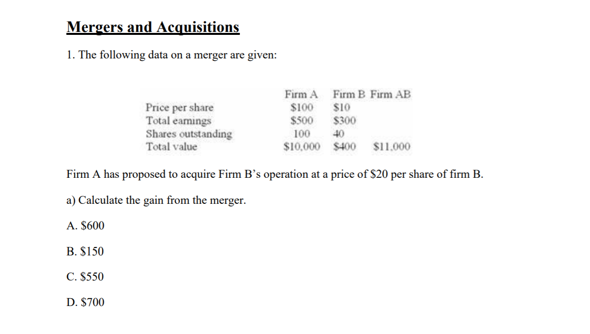 Solved Mergers and Acquisitions 1. The following data on a | Chegg.com