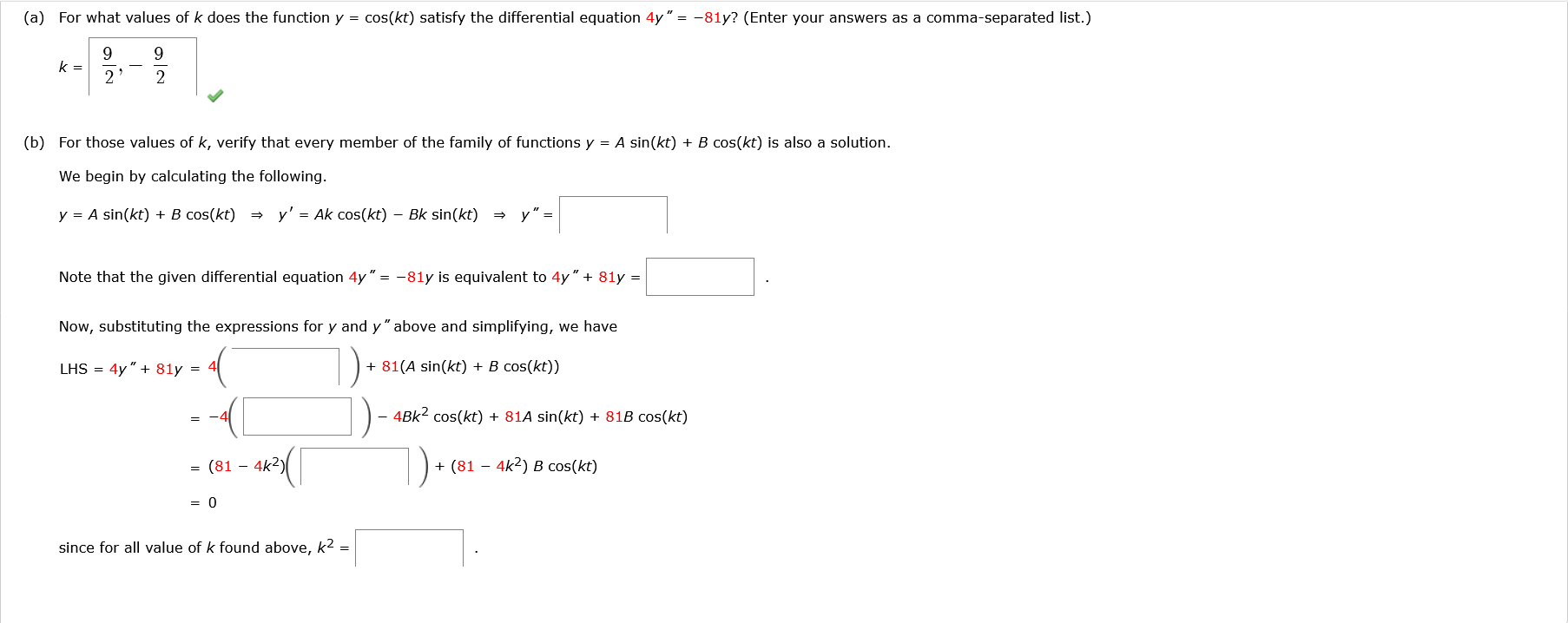 Solved For what values of k does the function y=cos(kt) | Chegg.com